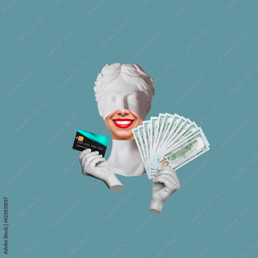 Antique female statue head holding a wad of hundred-dollar cash ...