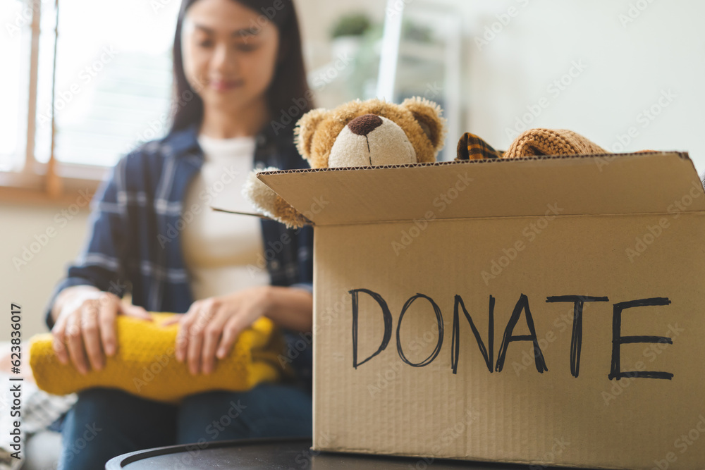 Recycling, Donation for poor, asian young woman, girl sitting pack ...
