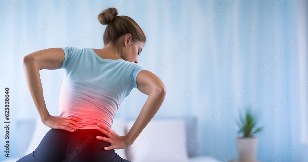 Young woman suffering from low back and loin pain. AI generated. Stock ...