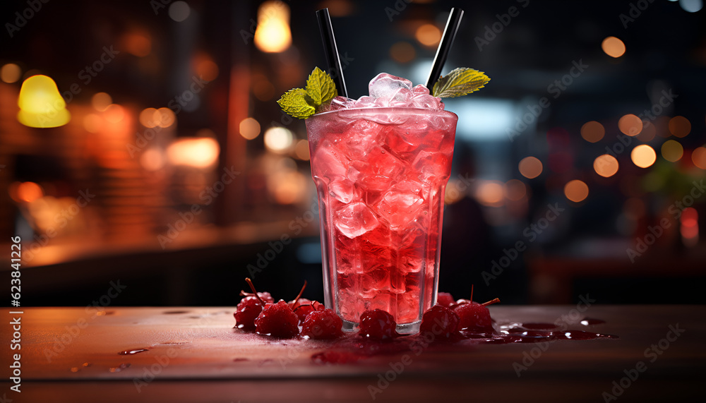 Red iced slushy with a subtle lights background with fresh fruit Stock ...