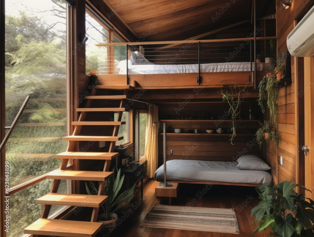 Foto de Wooden cabin interior design in the forest, living room in a ...