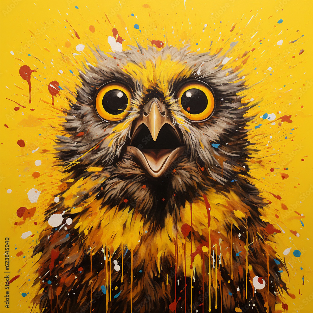 Close-up portrait of a cute meme owl with surprised expression wide ...