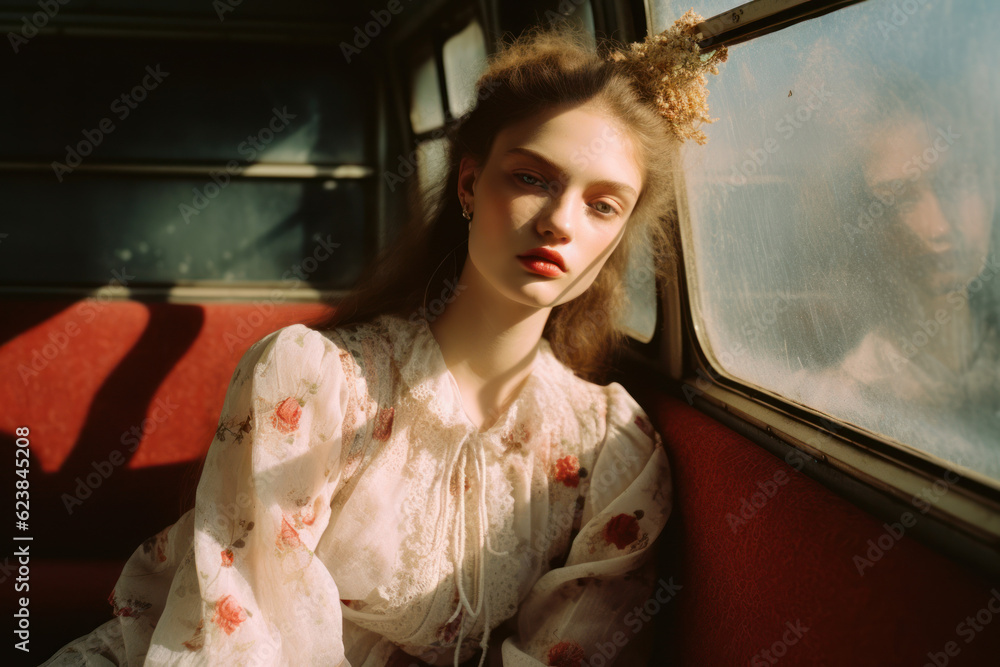 portrait of a woman/model/book character in a vintage train with floral ...