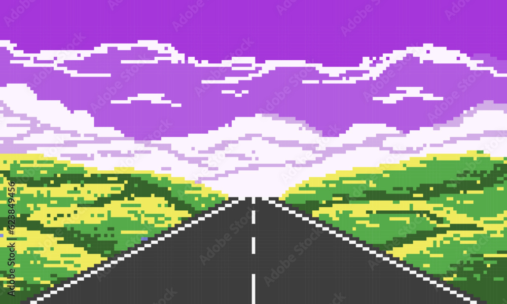 Pixel straight road with flowering meadows background. Blank asphalt ...