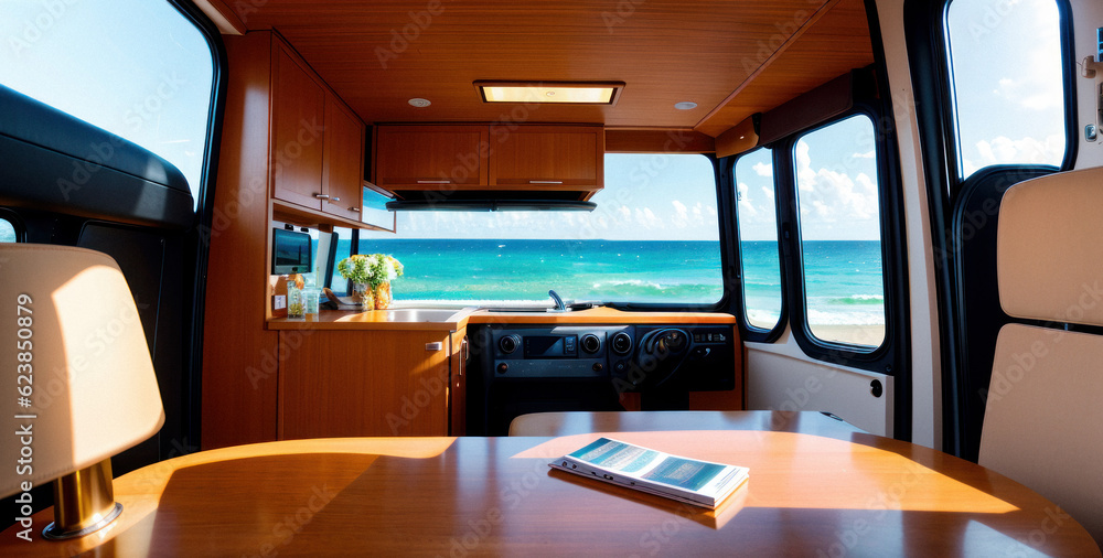 Vue intérieur d'un van aménagé au bord de la mer en été. Generative AI ...