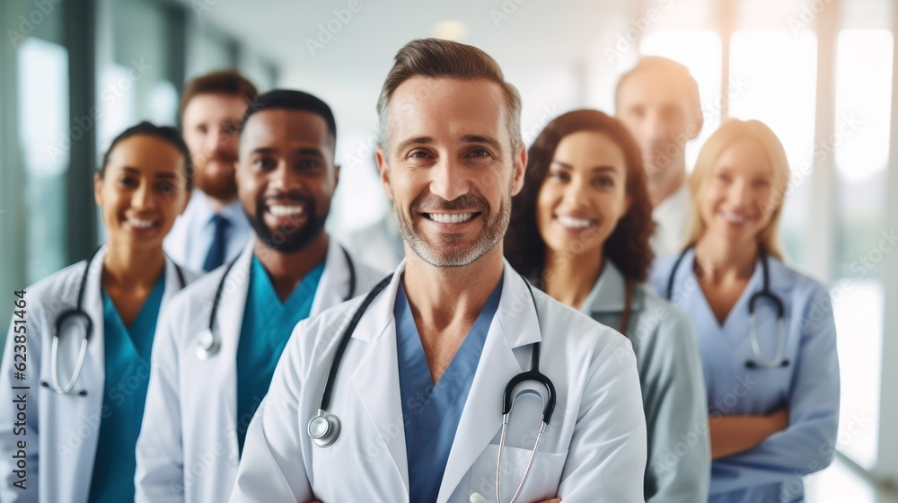 Leadership, teamwork and portrait doctors in hospital with support and success in healthcare ...