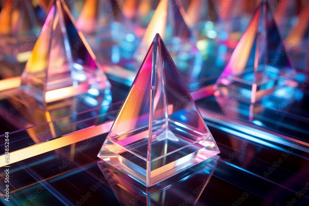 Crystal prism with light diffraction of spectrum colours and reflection ...