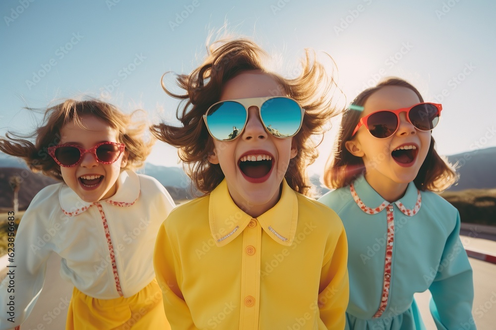 A group of cool and confident schoolgirls stand together in pastel ...