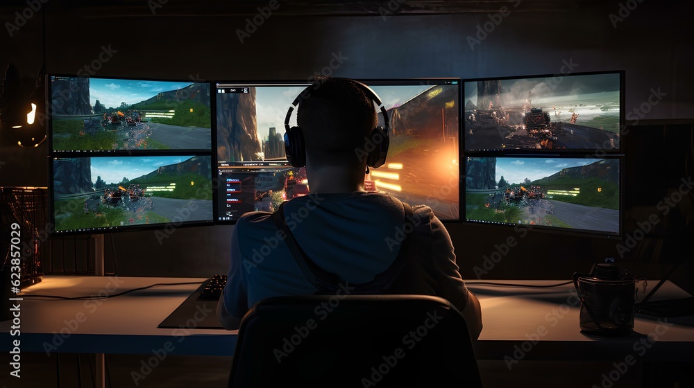 Gamer playing a video game on a multi monitor setup. generative AI ...