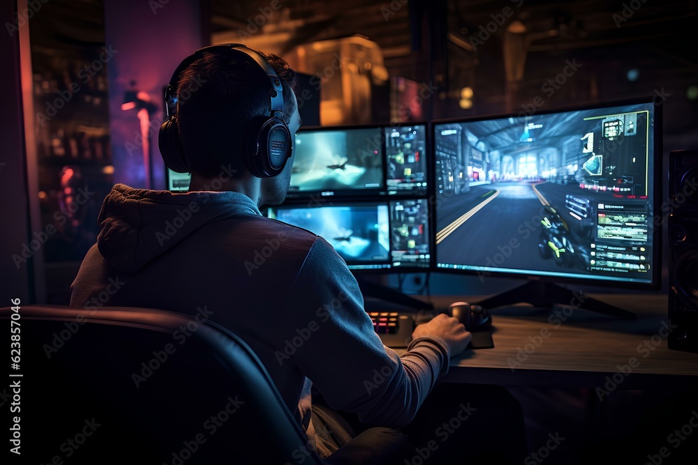 Gamer playing a video game on a multi monitor setup. generative AI ...