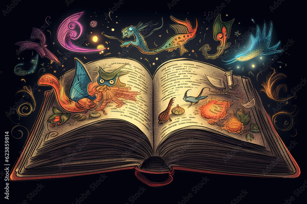 Open magic fairy book with animated characters flying around, created ...