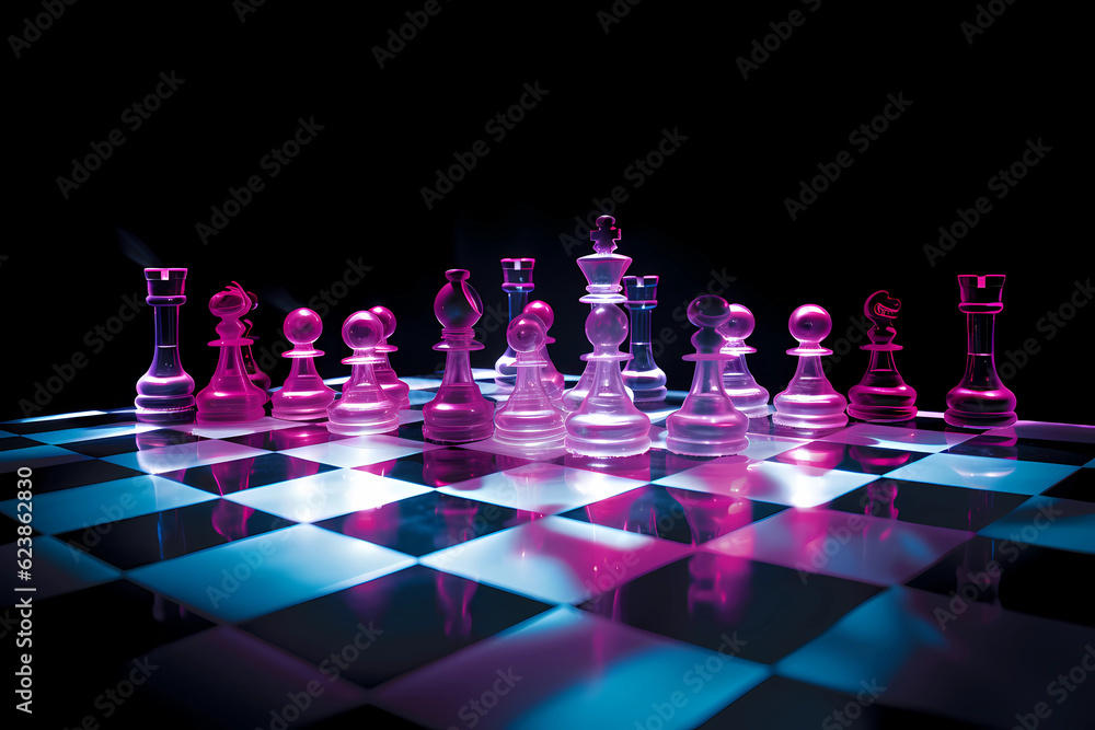 Pink and purple iridescent chess pieces glow gracefully on a reflective ...
