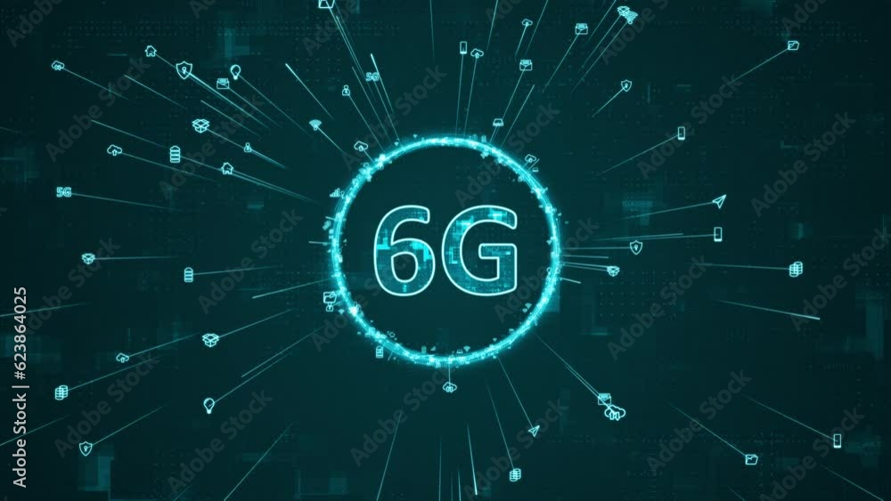 Motion graphic of Blue digital 6G logo and ring rotation around logo ...