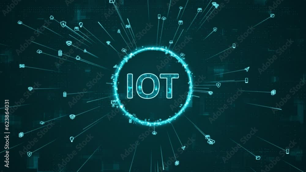 Motion graphic of Blue digital IOT logo and ring rotation around logo ...