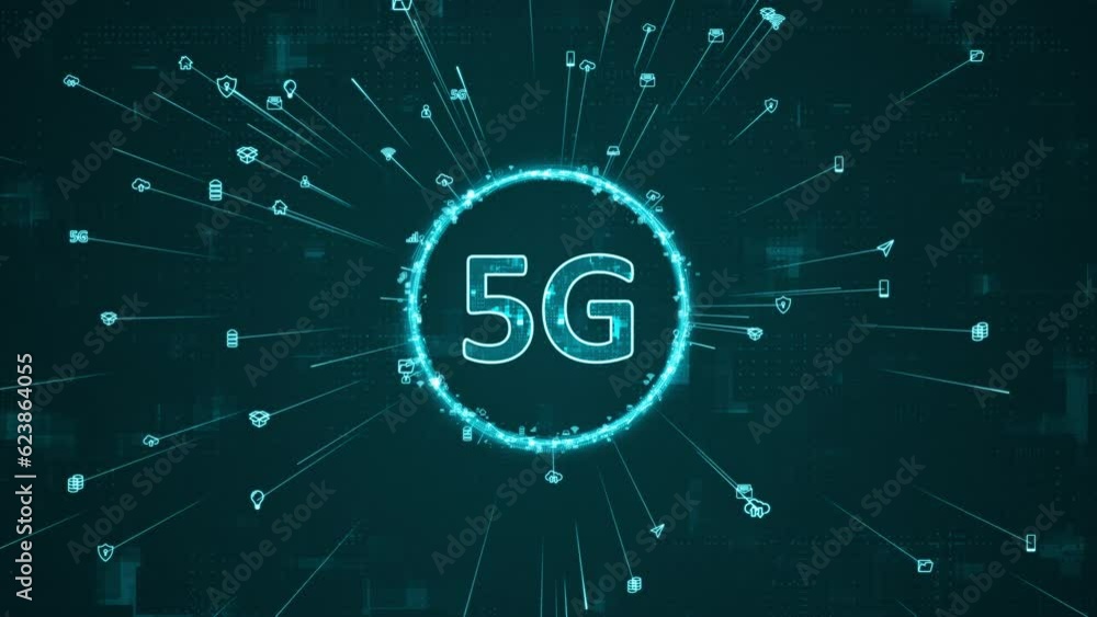 Motion graphic of Blue digital 5G logo and ring rotation around logo ...