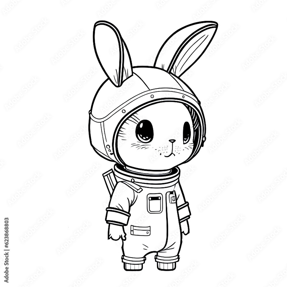 rabbit in an astronaut suit in a space helmet, standing on two feet ...