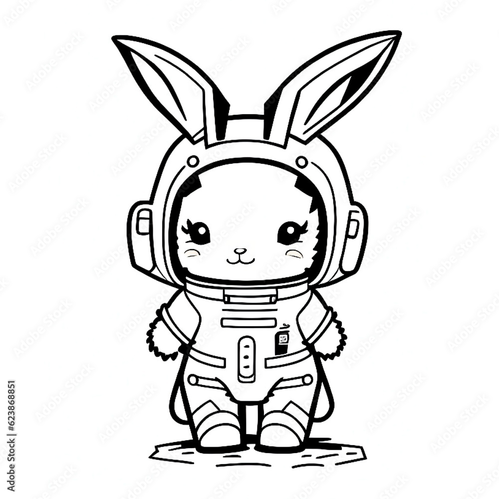 rabbit in an astronaut suit in a space helmet, standing on two feet ...
