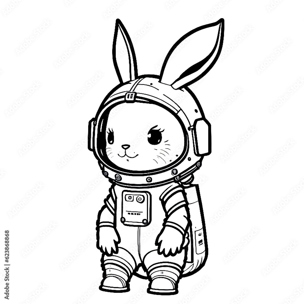 rabbit in an astronaut suit in a space helmet, standing on two feet ...