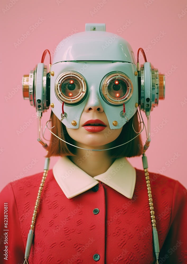 A surreal portrait of a woman wearing a pastel robot mask, standing ...