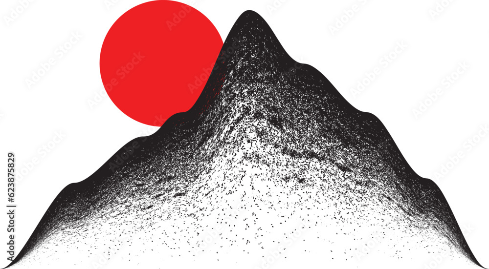 Mountain silhouettes with sun. Rocky peaks in sunset. Splatter Paint ...