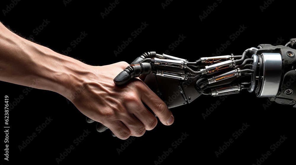 A robot hand shaking a human hand with a black background - Artificial ...