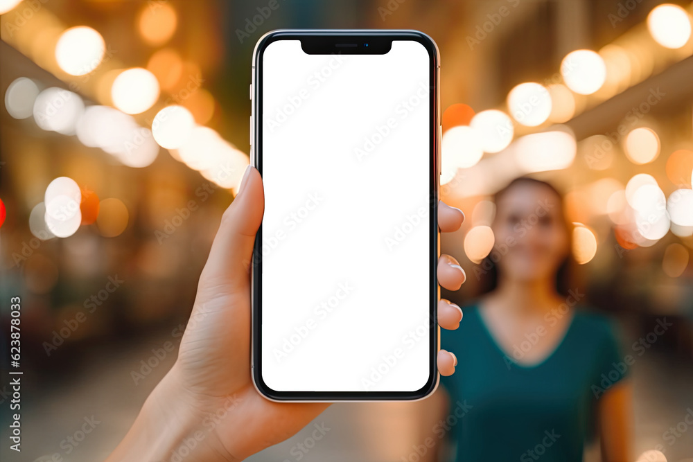 Happy blurred Woman showing smartphone with white screen charming ...