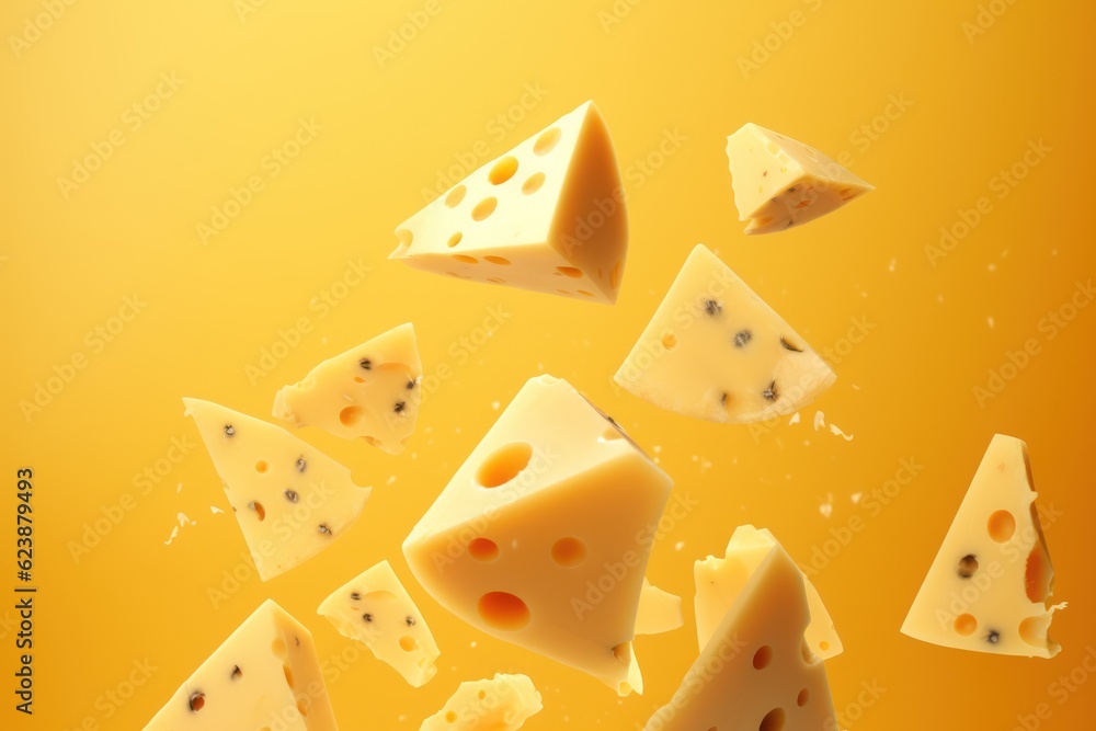 Some triangular cheese floating in the air, with a yellow background ...