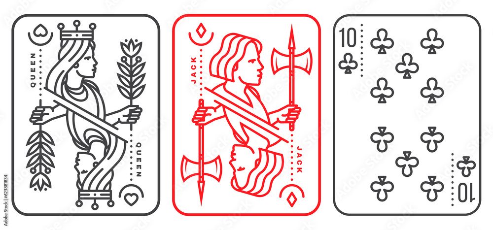 Set of playing card 10, queen, jack. Vector illustration. Esoteric ...