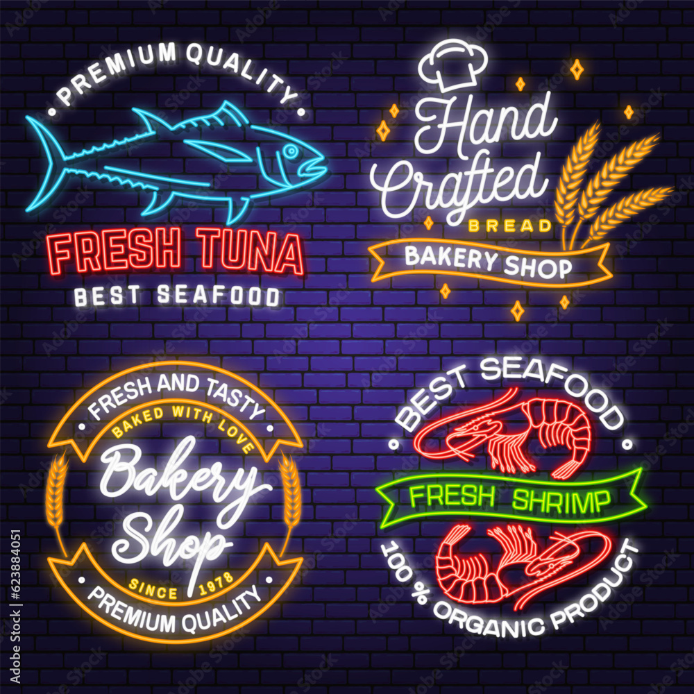 Set of Bakery and seafood badges. Vector. For emblem, sign, menu ...
