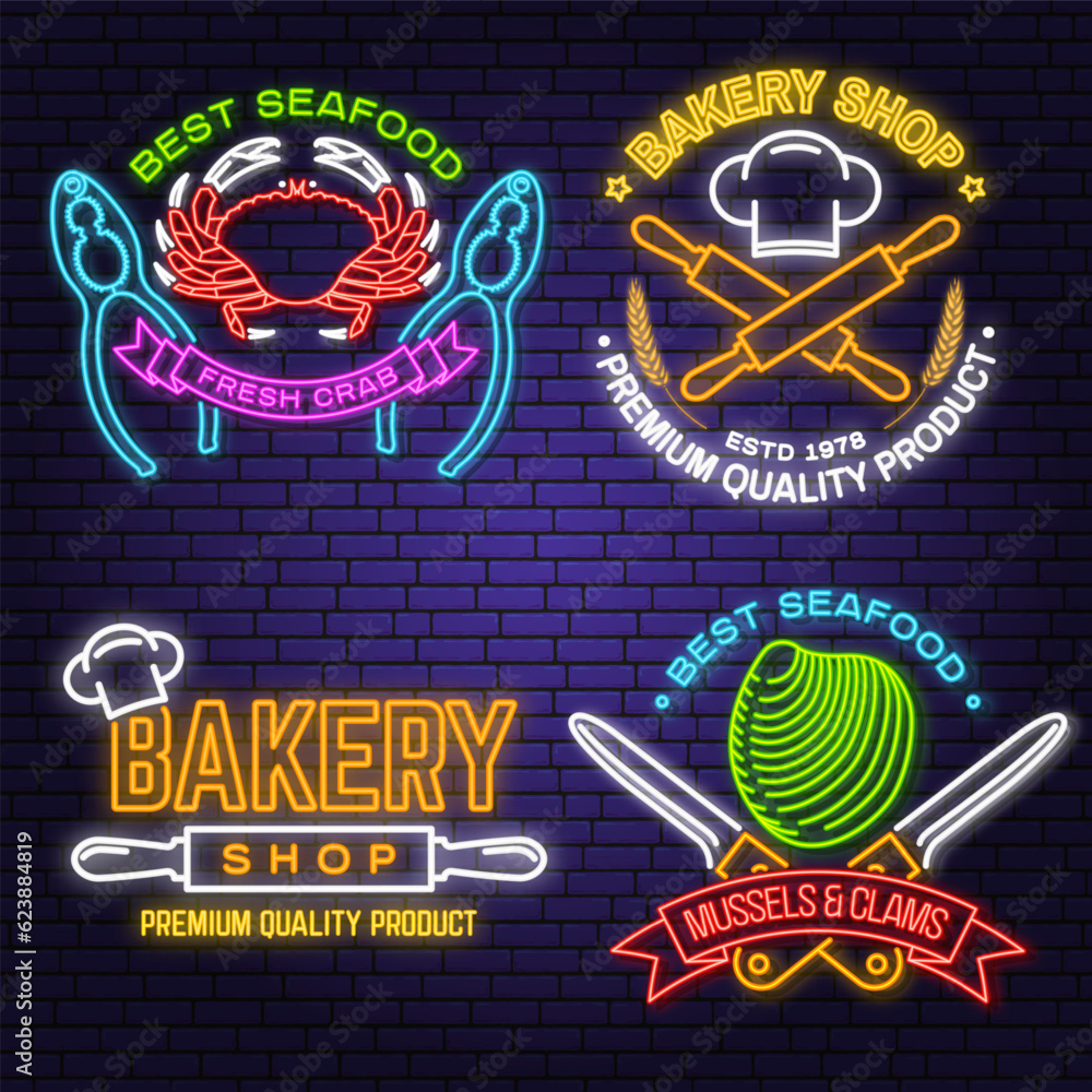 Set of Bakery and seafood badges. Vector. For emblem, sign, patch ...