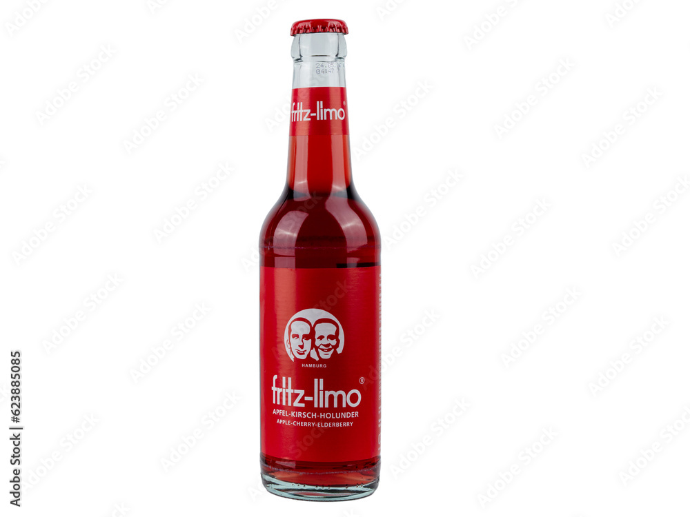 Berlin, Germany, July 15, 2023 Fritz Limo drink on a white background ...