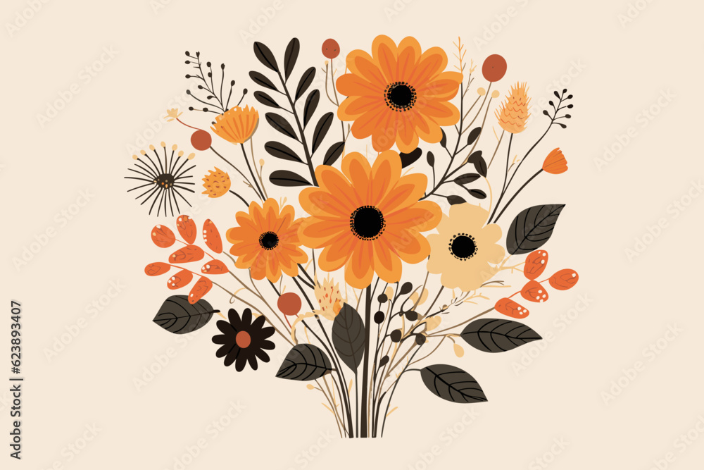 Doodle inspired Floral Arrangement, cartoon sticker, sketch, vector ...