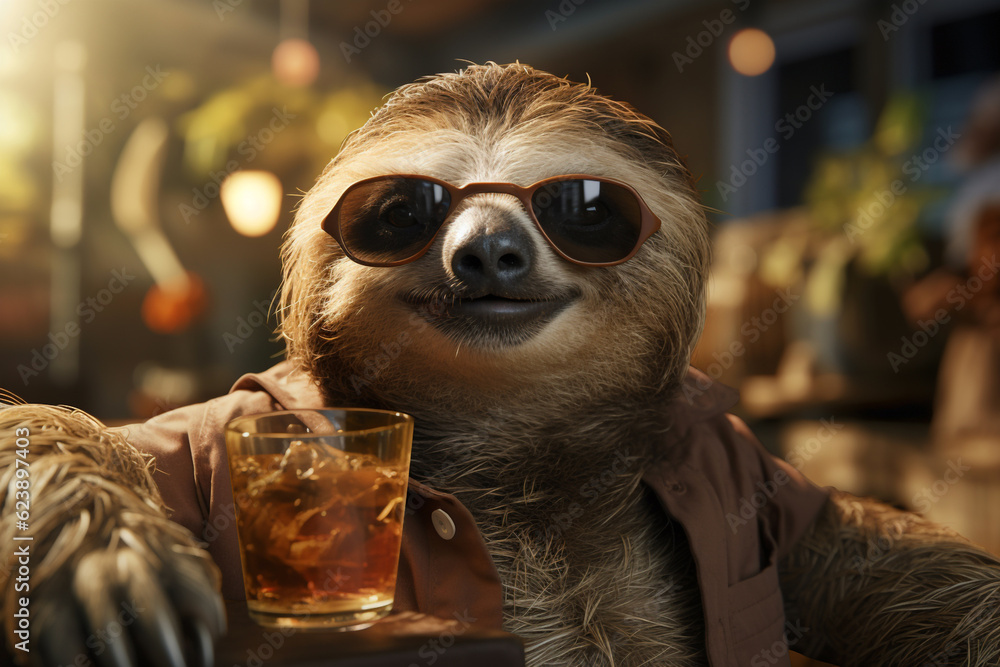 Relaxed funny sloth sluggard in sunglasses and Hawaiian t-shirt ...