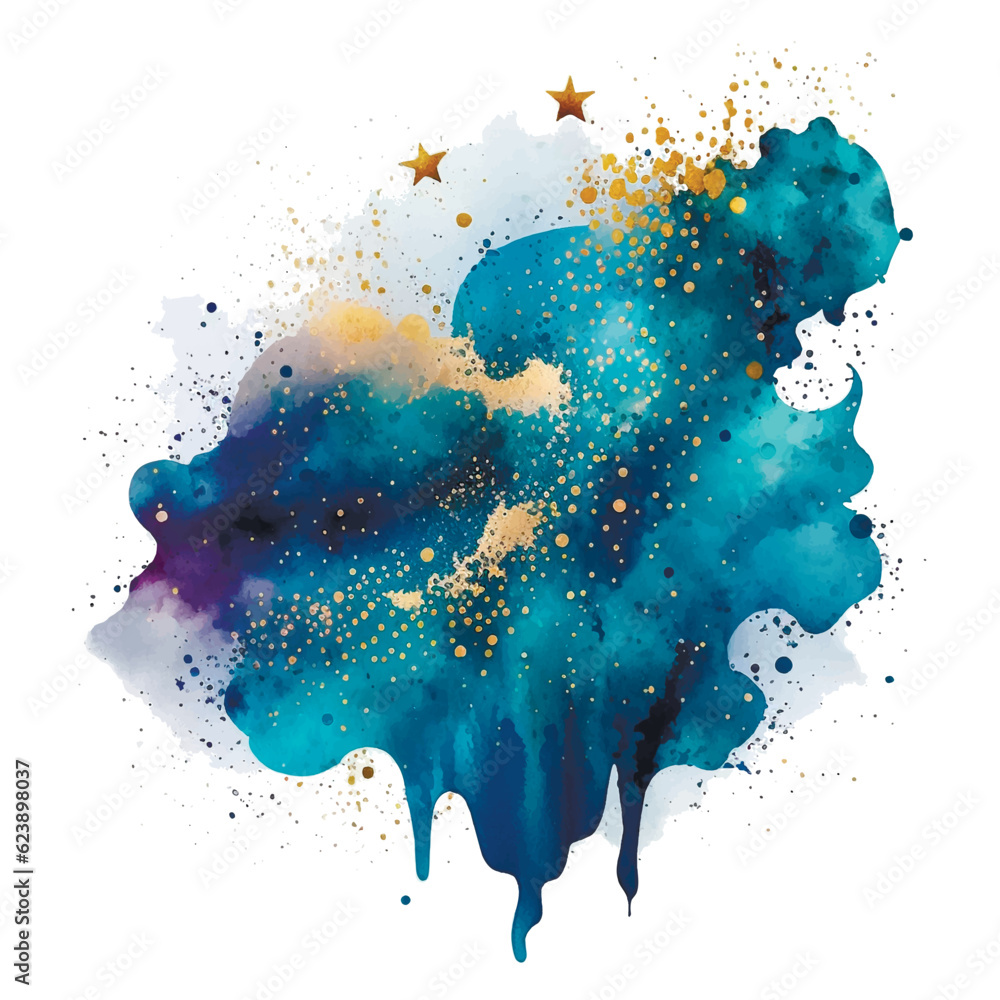Watercolor splash cloud sky stars blot splatter stain on white ...