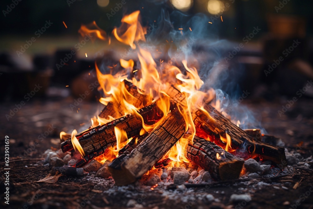 bonfire Burning fire in the brick fireplace Bonfire on dark background ...