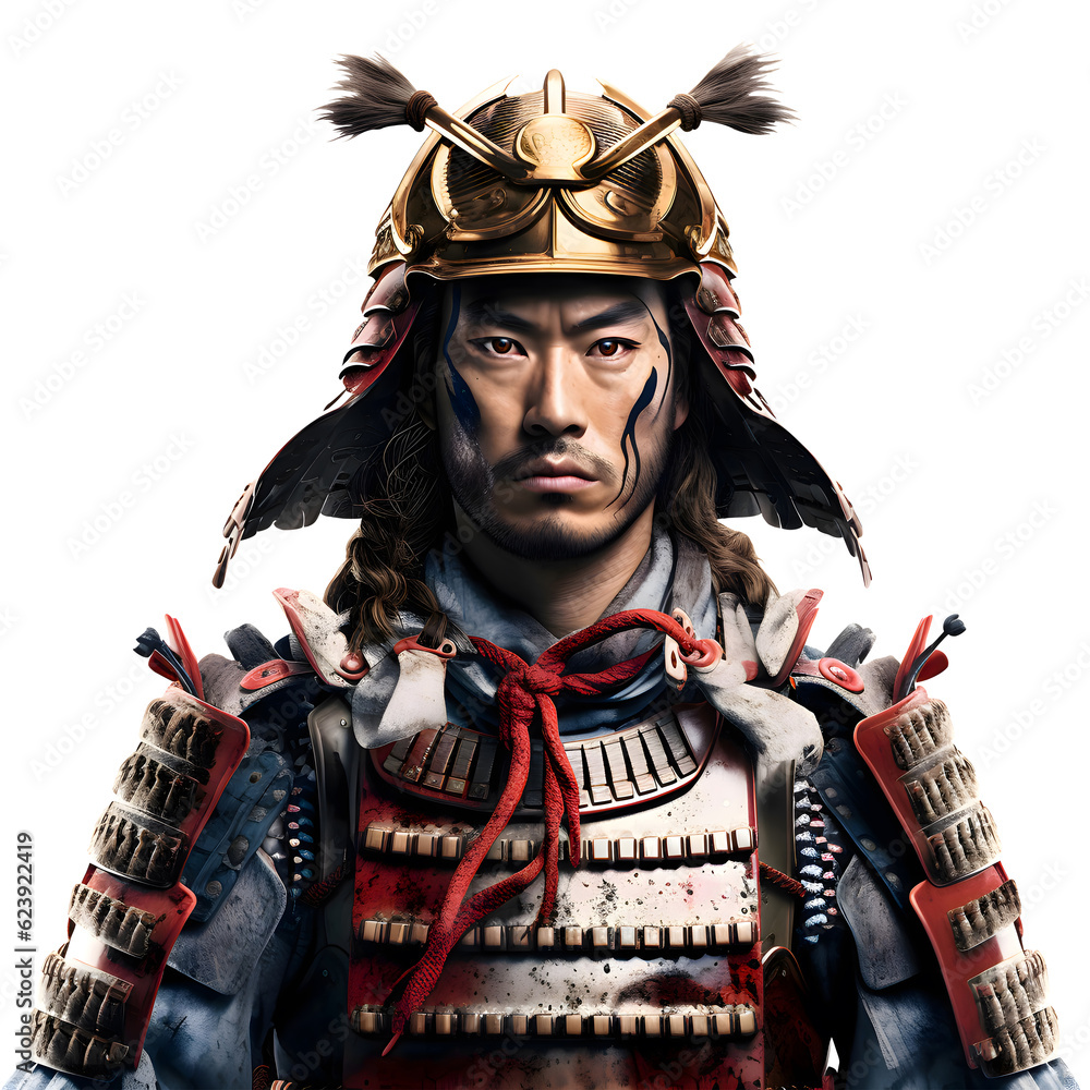 Japanese Samurai in ancient armor close-up isolated on transparent ...