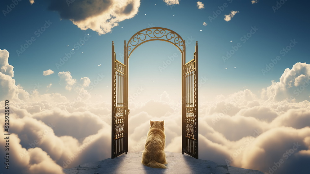 Dog in front of the opened gold gate to paradise in heaven for pets ...