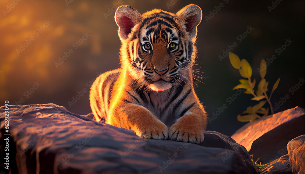 Tiger little puppy sitting on the rock in happy mood generative by ai ...