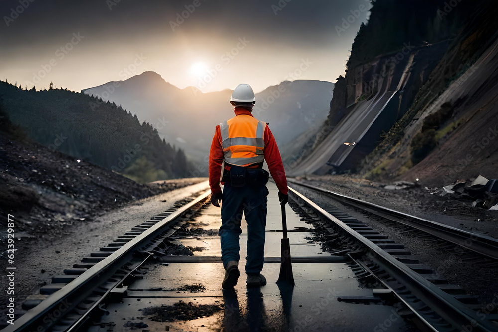 Worker standing back at railway tunnel wearing safety suit. Railway in ...