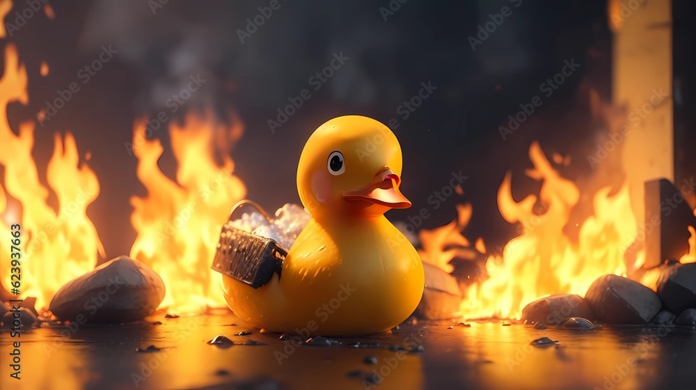 Yellow rubber duck on fire image art illustration, generative Ai art ...
