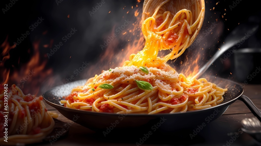 spaghetti with fire art illustration, generative Ai art Stock ...