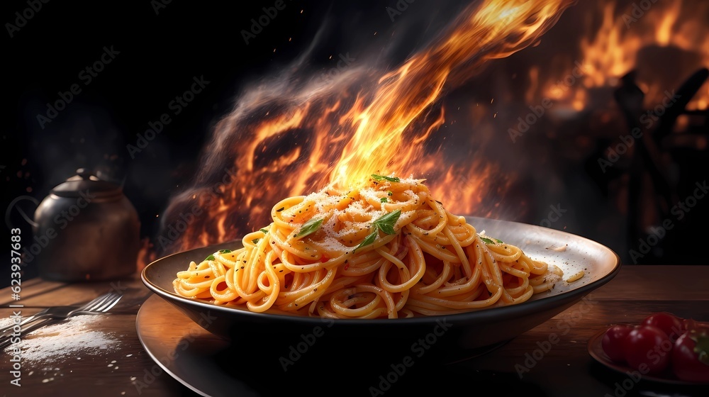 spaghetti with fire art illustration, generative Ai art Stock Photo ...