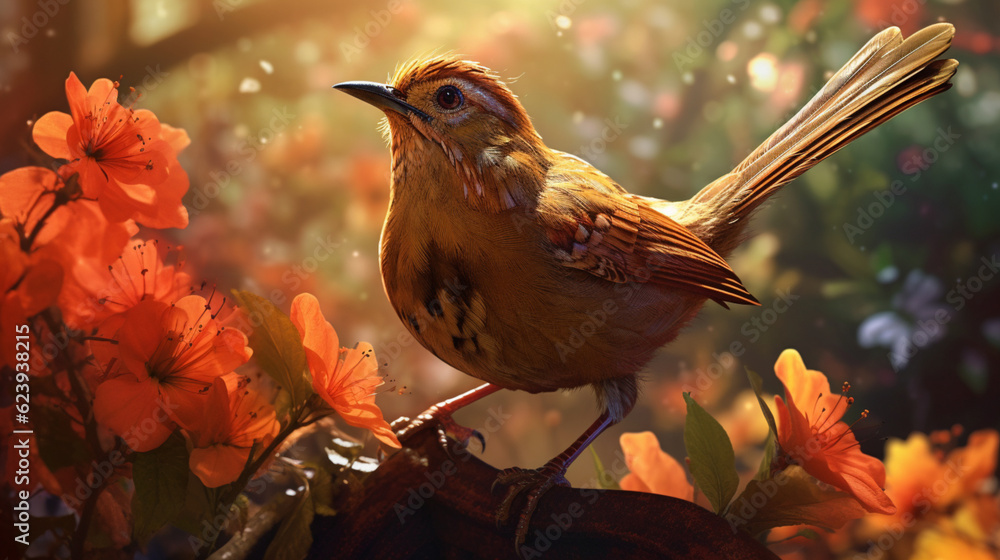 Delightfully beautiful nightingale bird on a flower background ...