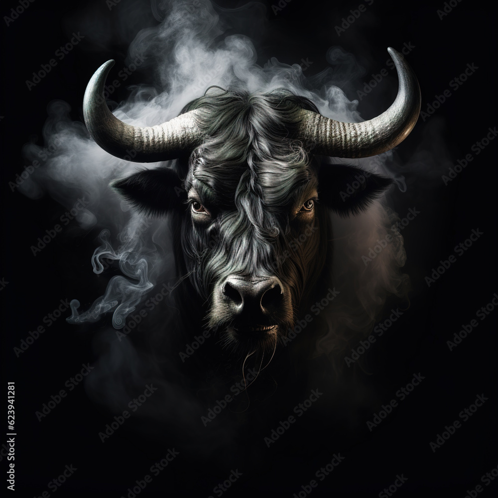 Image of an angry bull face with fire smoke on black background ...