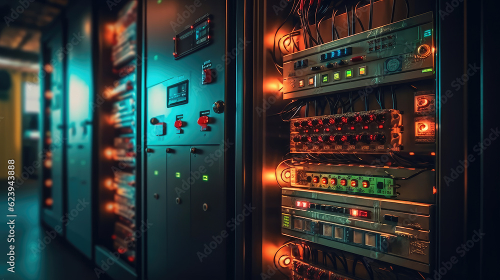 Electrical distribution cabinet. Panel with wires and switches at ...