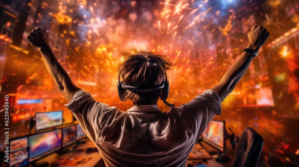 Professional eSports gamer rejoices celebration in the victory game ...