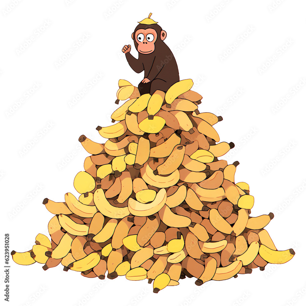 Funny monkey sitting on banana pile cartoon comic illustration isolated ...