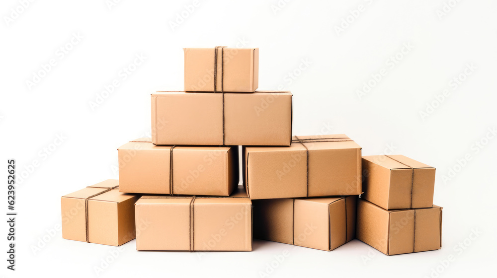 Pile of cardboard boxes packages on white background. Image toned in ...