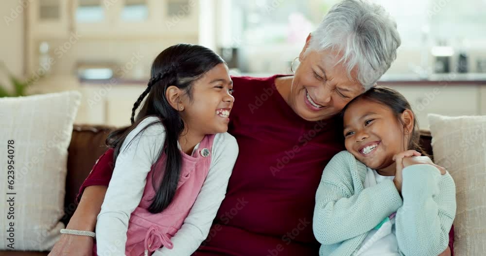 Love, grandmother and children hug on sofa for bonding, quality time ...