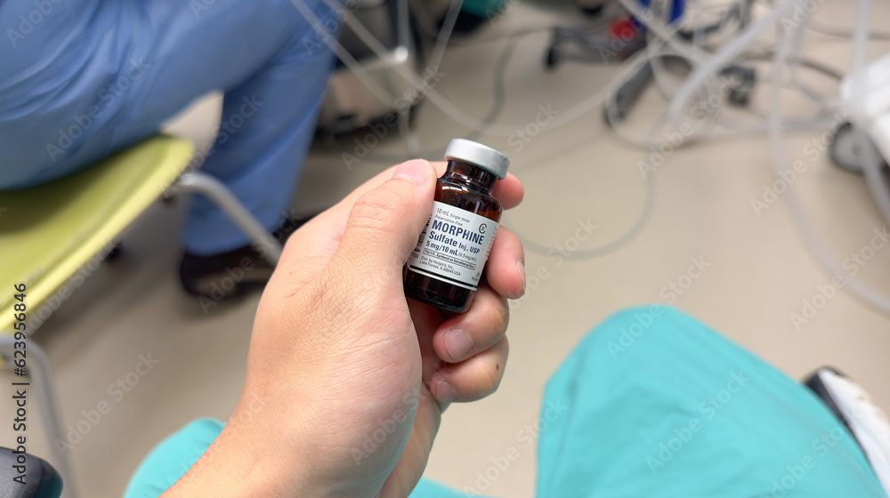 Stacked hospital drugs, syringe, and narcotics symbolize medical ...
